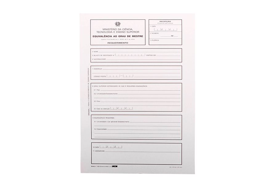 Impresso: Modelo 525 - Equivalência a Grau de Mestre | INCM