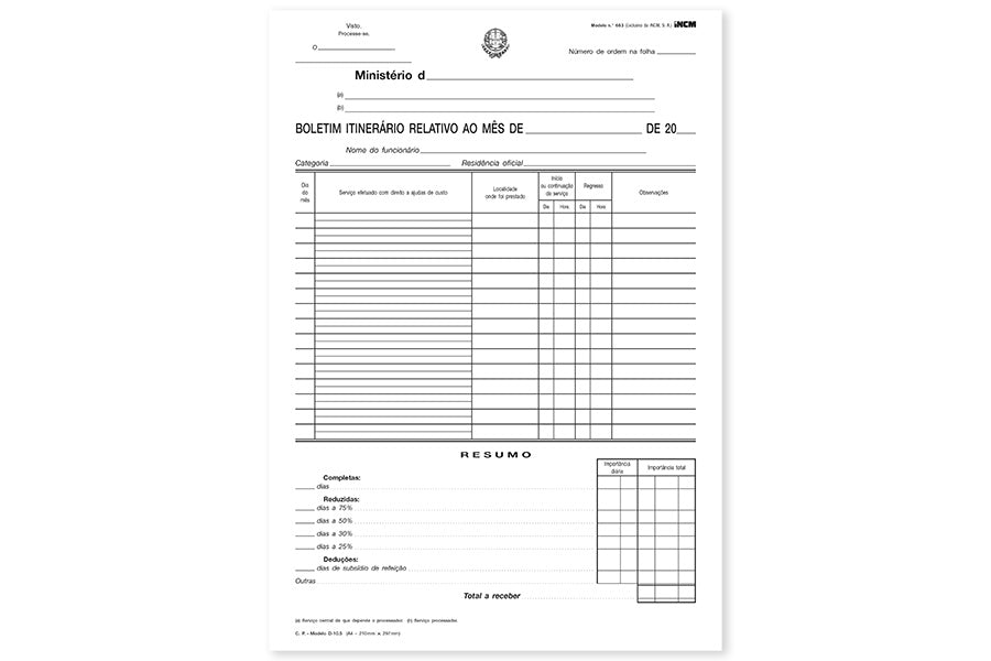 Impresso: M 683 Boletim Itinerário Ajudas de Custo | INCM